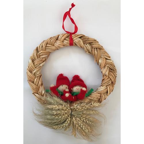 Dør dekoration I felttet i strå med korn, 2 nisser (krans 25cmØ) strå ...