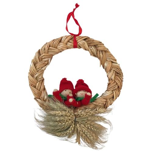 Dør dekoration I felttet i strå med korn, 2 nisser (krans 25cmØ) strå ...