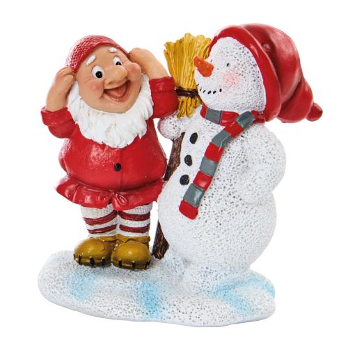 Skovnisse med snemand og rød nissehue (H: 10 cm) Poly